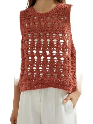 Brunello Cucinelli Brunello Cucinelli Crochet Crew Neck Sleeveless Top Red