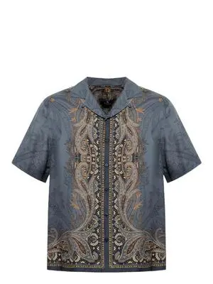 Etro Silk Bowling Shirt With Placed Pegaso Print - Gray