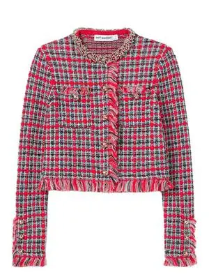 SELF-PORTRAIT Checked Frayed Knit Jacket - Multicolor