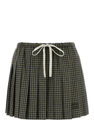 Miu Miu Pleated Plaid Skirt With Drawstring Waist - Gray