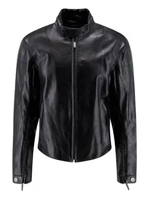 Gucci Leather Bomber Jacket With Web Detail - Black