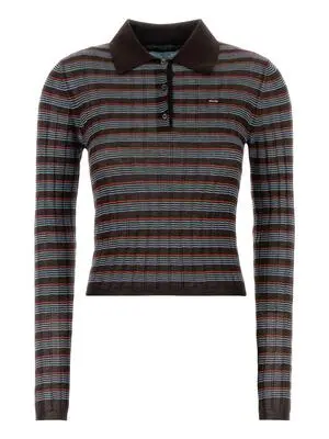 Prada Prada Striped Ribbed Knit Polo Sweater Brown