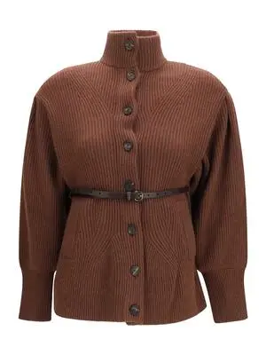 Brunello Cucinelli High Neck Cardigan With Belt - Brown