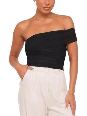 PETAL & PUP Off-the-shoulder Mesh Crop Top - Black
