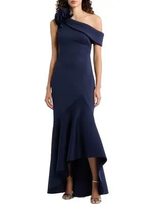 Eliza J One-shoulder Gown With Ruffled Hem - Navy