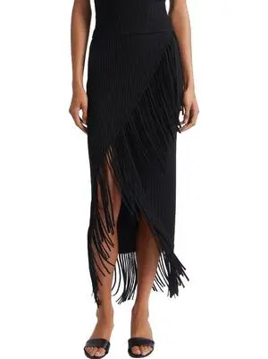 TOCCIN Tocca Giana Asymmetric Ribbed Knit Skirt With Fringe - Jet