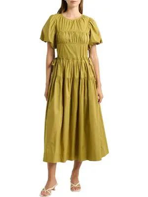 Moon River Smocked Puff Sleeve Midi Dress - Citron