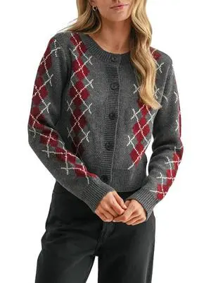 ALL IN FAVOR Argyle Crewneck Cardigan - Charcoal Wine