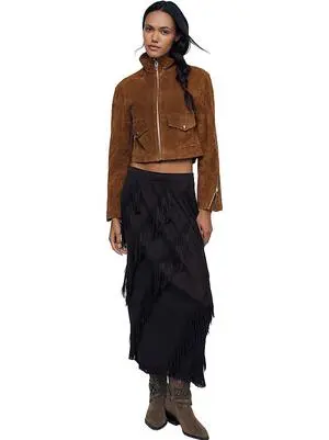 MAUDE CLUB Kellie Fringe Midi Skirt - Brown