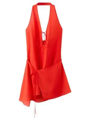 Mango Silk Overlay Halter Mini Dress - Red