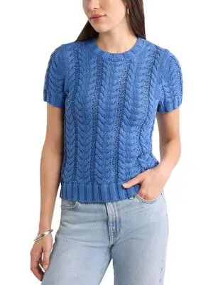 Caslon Cable Stitch Short Sleeve Cotton Sweater - Blue Glory