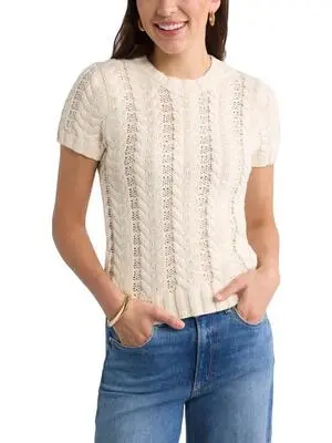 Caslon Cable Stitch Short Sleeve Cotton Sweater - Ivory Pristine