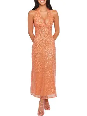 PETAL & PUP Eisley Halter Midi Dress - Orange Sequin