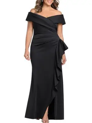 XSCAPE EVENINGS Off-the-shoulder Gown With Ruffle Detail - Black