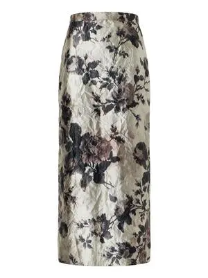 Erdem Floral Print Crinkle Satin Midi Skirt - Gray