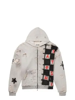 SATOSHI NAKAMOTO Get What I Want Distressed Embellished Cotton-jersey Zip-up Hoodie - Gray