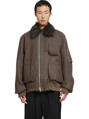 Sacai Wool Melton Blouson Jacket With Fur Collar - Brown