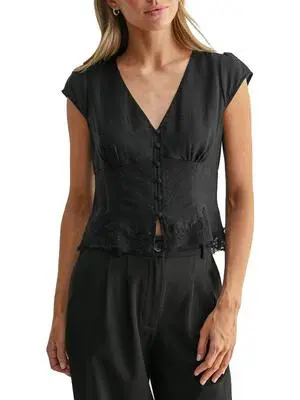 ALL IN FAVOR Lace Trim V-neck Cap Sleeve Top - Black