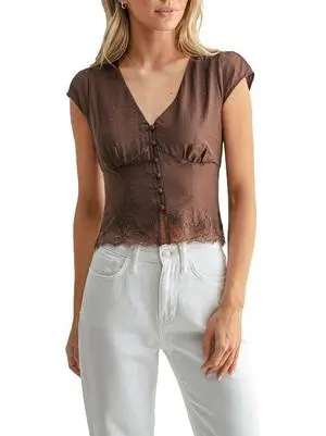 ALL IN FAVOR All In Favor Lace Trim V-Neck Cap Sleeve Top Brown