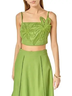 English Factory Embroidered Palm Crop Top - Green