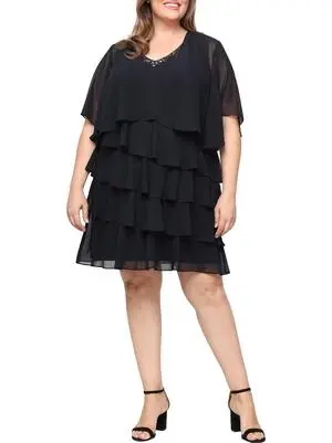SL FASHIONS Tiered Ruffle Chiffon Dress With Jacket - Black