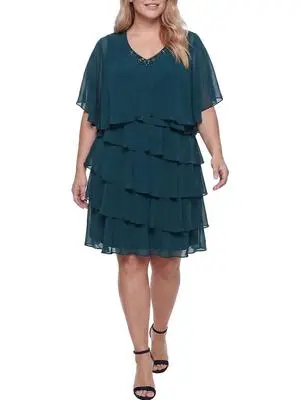 SL FASHIONS Tiered Ruffle Chiffon Dress With Jacket Mallard