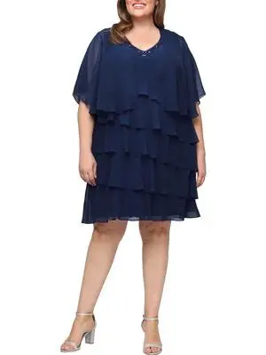 SL FASHIONS Tiered Ruffle Chiffon Dress With Jacket - Navy