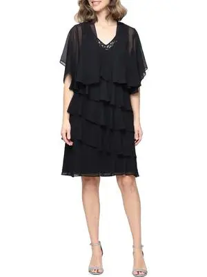 SL FASHIONS Tiered Ruffle Chiffon Dress With Jacket Black