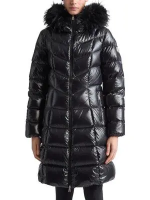 Moncler Quilted Down Coat With Faux Fur Trim - Black