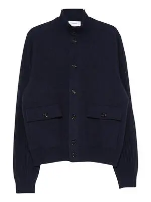 LARDINI Knit Button-front Cardigan Jacket With Stand Collar And Flap Pockets - Navy