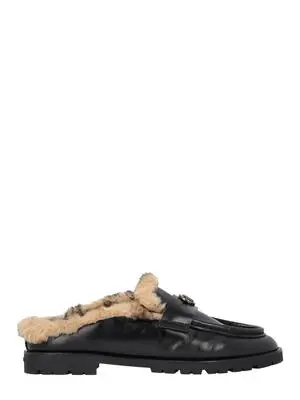 Pinko Backless Leather Mule With Faux Fur Trim - Nero