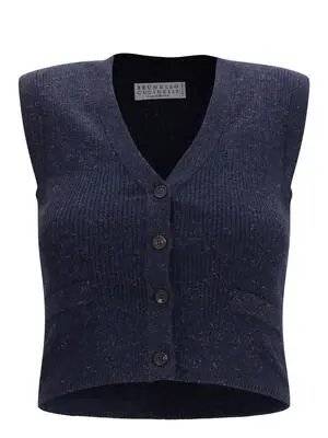 Brunello Cucinelli Sleeveless V-neck Cardigan With Metallic Threads - Blue