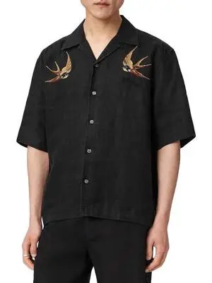 ALLSAINTS Avia Bird Embroidered Linen Camp Shirt - Orca Black