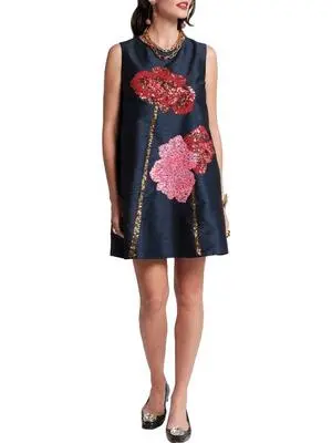 FRANCES VALENTINE Sleeveless Shift Dress With Poppy Appliques - Navy/multi