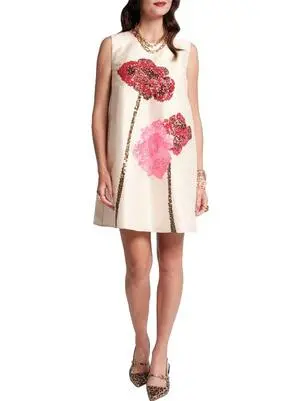 FRANCES VALENTINE Sleeveless Shift Dress With Poppy Appliques - Oyster/multi