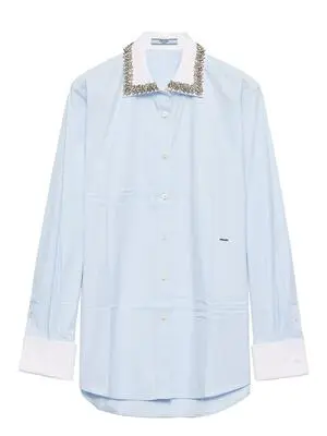 Prada Embroidered Poplin Shirt With Classic Collar And French Cuffs - Light Blue