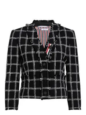 Thom Browne Windowpane Check V-neck Cardigan Jacket - Black
