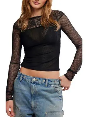 Free People Long Sleeve Lace Panel Mesh Top - Black