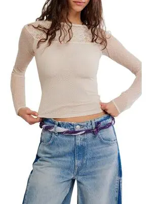 Free People Long Sleeve Lace Panel Mesh Top - Tea