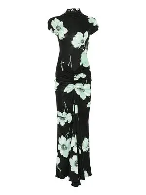 Alaïa Sakura Print Draped T-shirt Dress - Black