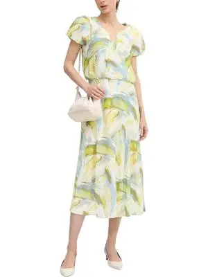 Dkny V-neck Puff-sleeve Midi Dress - White