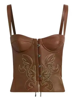 Etro Leather Corset Top With Floral Motif - Brown