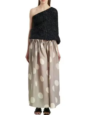 Khaite Polka-Dot Gathered Midi Skirt Neutrals
