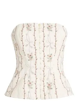 Agua Bendita Strapless Embroidered Linen Corset Top - Ivory