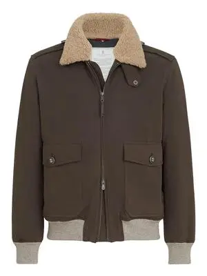 Brunello Cucinelli Waxed Techno-cotton Bomber Jacket With Shearling Collar - Brown