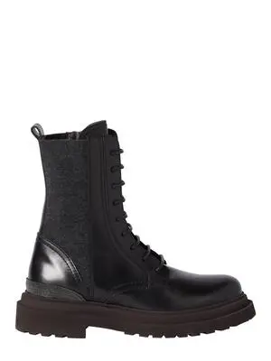 Brunello Cucinelli Leather And Wool Monili Embellished Combat Boots - Black