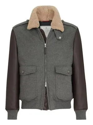 Brunello Cucinelli Cashmere Bomber Jacket With Shearling Collar - Grey