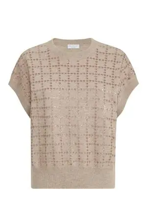 Brunello Cucinelli Cashmere Sequin Check Knit T-shirt - Brown