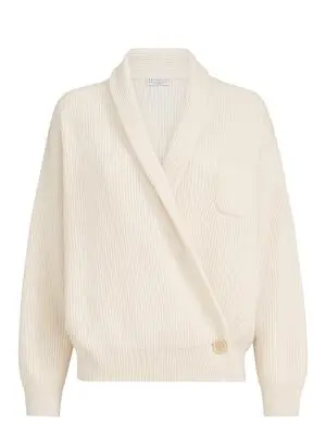 Brunello Cucinelli Cashmere English Rib Asymmetric Cardigan - White