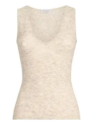 Brunello Cucinelli Silk, Alpaca, And Wool Lace-detail V-neck Top - Beige